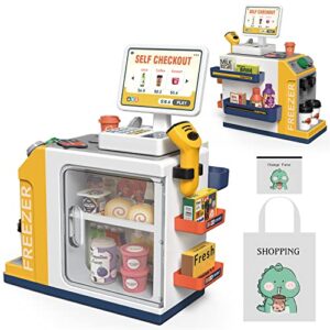 cash register playset for kids - 48pcs pretend play money, calculator, scanner, credit card and play food for boys and girls ages 3+ (668-125)