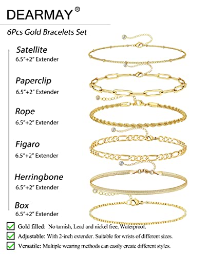 DEARMAY Gold Bracelets for Women 14K Real Gold Plated Jewelry Sets for Women Trendy Dainty Stackable Paperclip Rope Snake Box Figaro Chain Bracelets Pack Costume Fashion Filled Gifts for Women Girls