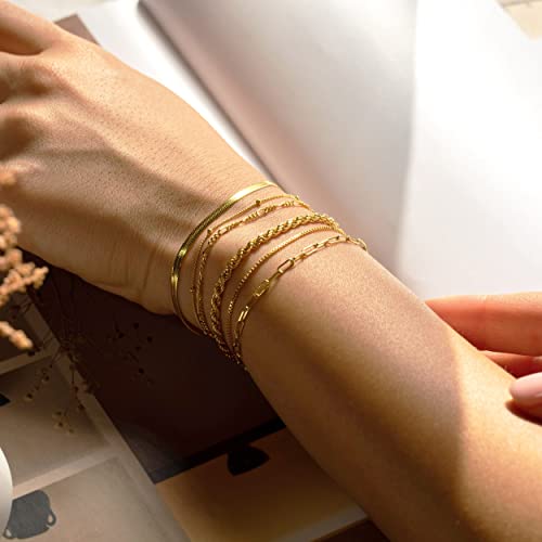 DEARMAY Gold Bracelets for Women 14K Real Gold Plated Jewelry Sets for Women Trendy Dainty Stackable Paperclip Rope Snake Box Figaro Chain Bracelets Pack Costume Fashion Filled Gifts for Women Girls