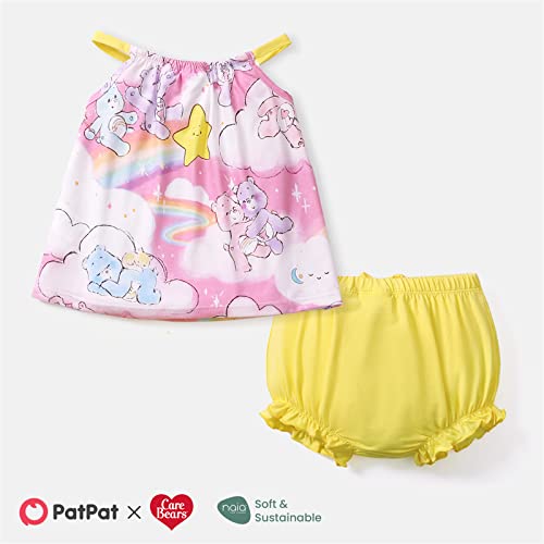 PATPAT Care Bears Baby Girl 2pcs Outfit Bear Print Cami Top and Solid Cotton Shorts Set Toddler Girl Cute Clothes Yellow 12-18 Months