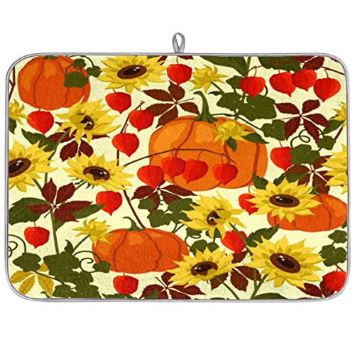 Sunflower Pumpkin Lantern Kitchen Drying Mat 18 x 24 Inch - Reversible Super Absorbent Fiber Dish Drying Pad with Non-Slip Backing for Countertop Tea Coffee Bar Accessories