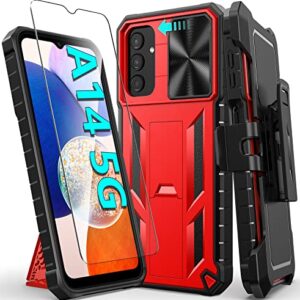 FNTCASE Case for Samsung Galaxy A14-5G: Military Grade Drop Protection Rugged Protective A14 Cell Phone Cover with Belt-Clip Holster Kickstand & Slide | Shockproof Heavy Duty Matte Tough Shell - Red