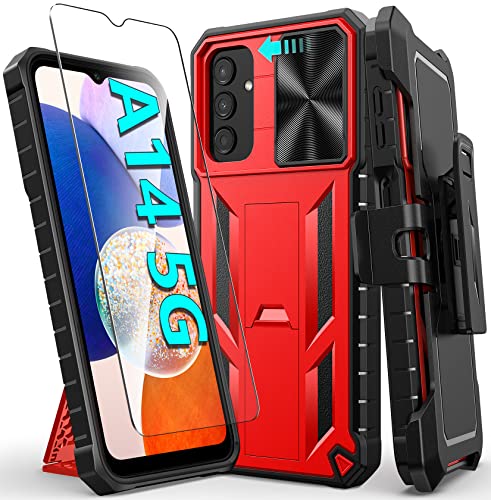 FNTCASE Case for Samsung Galaxy A14-5G: Military Grade Drop Protection Rugged Protective A14 Cell Phone Cover with Belt-Clip Holster Kickstand & Slide | Shockproof Heavy Duty Matte Tough Shell - Red