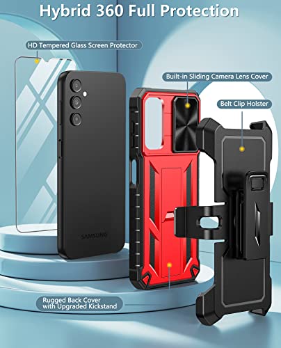 FNTCASE Case for Samsung Galaxy A14-5G: Military Grade Drop Protection Rugged Protective A14 Cell Phone Cover with Belt-Clip Holster Kickstand & Slide | Shockproof Heavy Duty Matte Tough Shell - Red