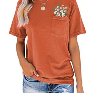 TELULYOO Womens Wildflower Oversized T Shirts Summer Tops Short Sleeve Crewneck Cute Shirts Graphic Tees with Pocket(Orange,XL)