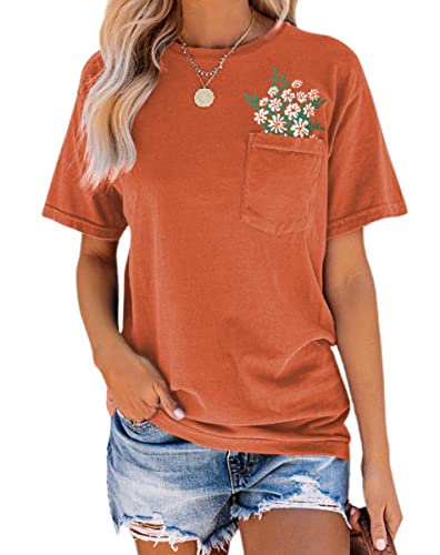 TELULYOO Womens Wildflower Oversized T Shirts Summer Tops Short Sleeve Crewneck Cute Shirts Graphic Tees with Pocket(Orange,XL)