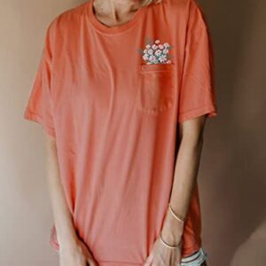 TELULYOO Womens Wildflower Oversized T Shirts Summer Tops Short Sleeve Crewneck Cute Shirts Graphic Tees with Pocket(Orange,XL)