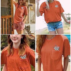 TELULYOO Womens Wildflower Oversized T Shirts Summer Tops Short Sleeve Crewneck Cute Shirts Graphic Tees with Pocket(Orange,XL)