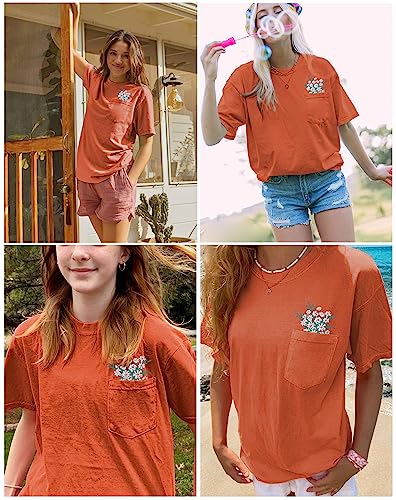 TELULYOO Womens Wildflower Oversized T Shirts Summer Tops Short Sleeve Crewneck Cute Shirts Graphic Tees with Pocket(Orange,XL)