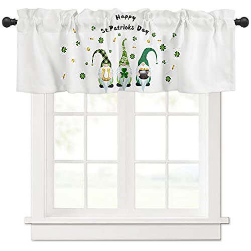 Bilagawa Valance Curtains Happy St Patricks Day Clover Dwarf Gold White Linen Texture Kitchen Valance Rod Pocket Window Treatments for Kitchen Bathroom Bedroom 42x12 Inch