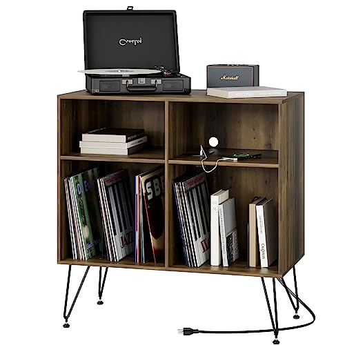 oiiokuku Record Player Stand with Vinyl Storage, Lager Record Player Table with Charging Station, Turntable Stand with 4 Cabinet Holds up to 300 Albums for Bedroom, Office,Adjustable Legs,Walnut