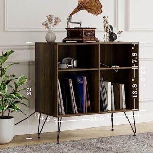 oiiokuku Record Player Stand with Vinyl Storage, Lager Record Player Table with Charging Station, Turntable Stand with 4 Cabinet Holds up to 300 Albums for Bedroom, Office,Adjustable Legs,Walnut