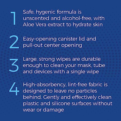 CPAP Mask Wipes by Snugell | 70 Count | Unscented | 100% Soft Cotton | Lint & Alcohol Free | Skin Safe with Aloe Vera | Easy Opening Canister | Clean CPAP Mask, Tube & Devices (2)