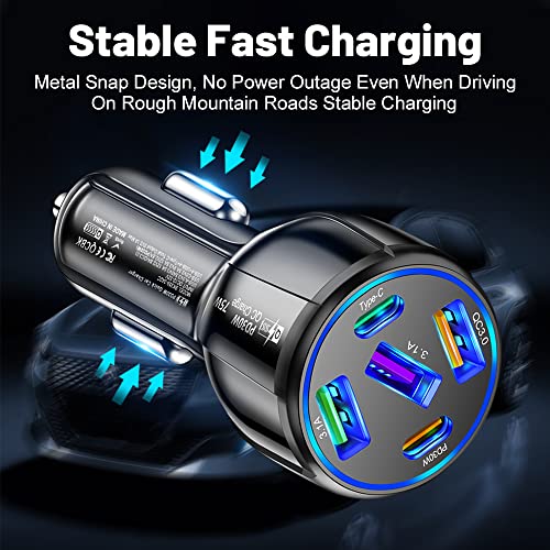 5 in 1 Car Charger Adapter,75W High Power Cigarette Lighter Adapter,QC3.0/PD Super Fast Charging Car Phone Charger Compatible with iPhone 14 13,iPad Pro& More Mobil Phone (3USB/2PD Black)