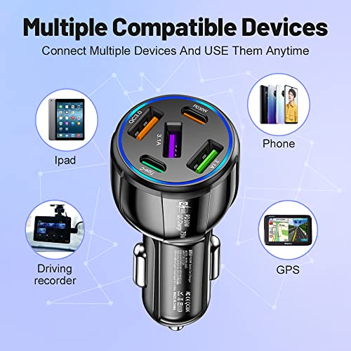 5 in 1 Car Charger Adapter,75W High Power Cigarette Lighter Adapter,QC3.0/PD Super Fast Charging Car Phone Charger Compatible with iPhone 14 13,iPad Pro& More Mobil Phone (3USB/2PD Black)