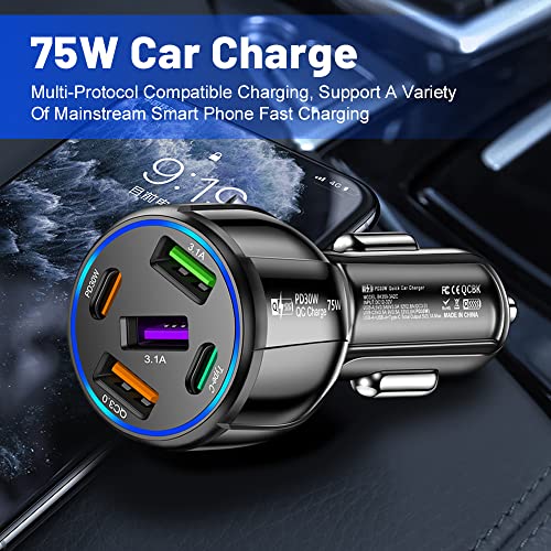 5 in 1 Car Charger Adapter,75W High Power Cigarette Lighter Adapter,QC3.0/PD Super Fast Charging Car Phone Charger Compatible with iPhone 14 13,iPad Pro& More Mobil Phone (3USB/2PD Black)