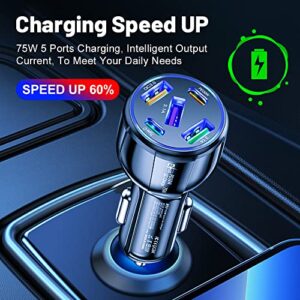 5 in 1 Car Charger Adapter,75W High Power Cigarette Lighter Adapter,QC3.0/PD Super Fast Charging Car Phone Charger Compatible with iPhone 14 13,iPad Pro& More Mobil Phone (3USB/2PD Black)