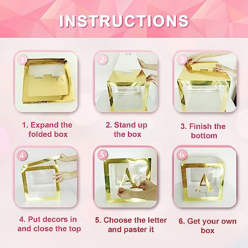 Baby Boxes with Letters for Baby Shower, 5 Clear Balloon Boxes with 78 Letters & Numbers, Baby Blocks for Bridal Shower Gender Reveal Decorations Birthday Wedding Party Grad Backdrop, Gold