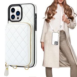 bocasal crossbody wallet case for iphone 13 pro max, rfid blocking pu leather zipper handbag purse flip cover, kickstand folio case with card slots holder wrist strap lanyard 5g 6.7 inch (white)