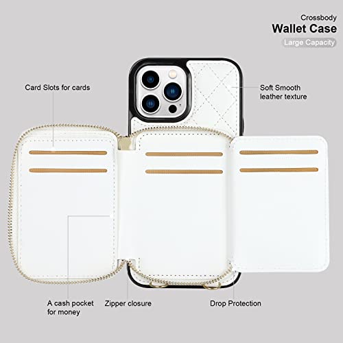 Bocasal Crossbody Wallet Case for iPhone 13 Pro Max, RFID Blocking PU Leather Zipper Handbag Purse Flip Cover, Kickstand Folio Case with Card Slots Holder Wrist Strap Lanyard 5G 6.7 Inch (White)