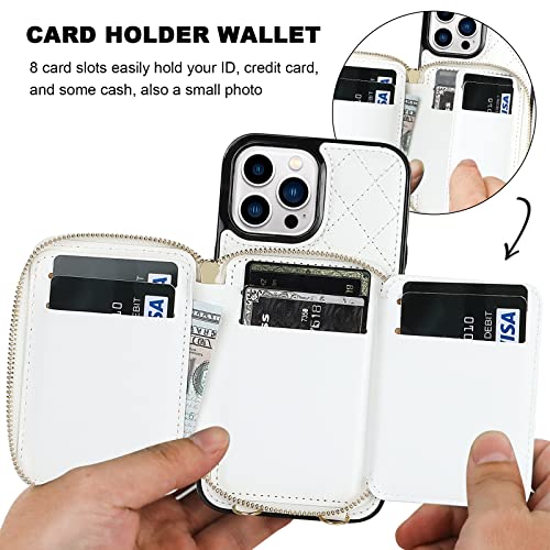 Bocasal Crossbody Wallet Case for iPhone 13 Pro Max, RFID Blocking PU Leather Zipper Handbag Purse Flip Cover, Kickstand Folio Case with Card Slots Holder Wrist Strap Lanyard 5G 6.7 Inch (White)