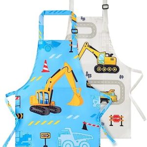 WERNNSAI 2 Pack Kids Aprons - Truck Kids Art Aprons for Boys Waterproof Toddler Chef Aprons Cooking Baking Painting Gardening Apron for Kids with Pocket Kitchen Classroom Art Smocks Age 6-10 Years