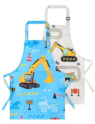 WERNNSAI 2 Pack Kids Aprons - Truck Kids Art Aprons for Boys Waterproof Toddler Chef Aprons Cooking Baking Painting Gardening Apron for Kids with Pocket Kitchen Classroom Art Smocks Age 6-10 Years