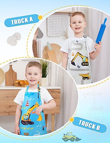 WERNNSAI 2 Pack Kids Aprons - Truck Kids Art Aprons for Boys Waterproof Toddler Chef Aprons Cooking Baking Painting Gardening Apron for Kids with Pocket Kitchen Classroom Art Smocks Age 6-10 Years