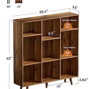 Pipishell 9-Cube Bookshelf, Bookcase with 3 Height-Adjustable Shelves and Solid Legs, Cube Storage Shelf, Modern Freestanding Open Bookshelf for Living Room, Bedroom, Walnut, PIBS04WN