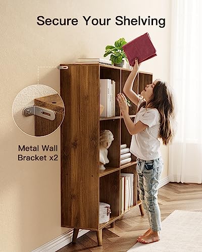 Pipishell 9-Cube Bookshelf, Bookcase with 3 Height-Adjustable Shelves and Solid Legs, Cube Storage Shelf, Modern Freestanding Open Bookshelf for Living Room, Bedroom, Walnut, PIBS04WN