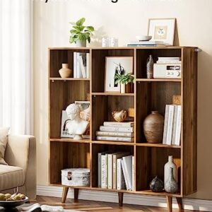 Pipishell 9-Cube Bookshelf, Bookcase with 3 Height-Adjustable Shelves and Solid Legs, Cube Storage Shelf, Modern Freestanding Open Bookshelf for Living Room, Bedroom, Walnut, PIBS04WN