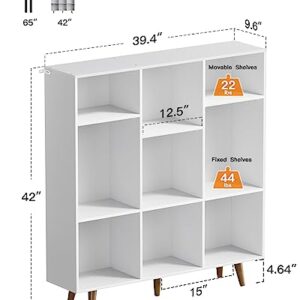 Pipishell 9-Cube Bookshelf, Bookcase with 3 Height-Adjustable Shelves and Solid Legs, Cube Storage Shelf, Modern Freestanding Open Bookshelf for Living Room, Bedroom, White, PIBS04W