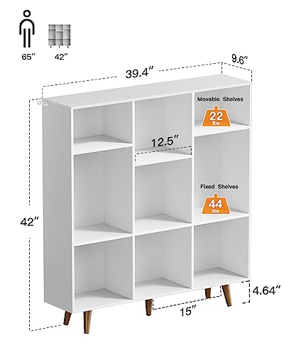 Pipishell 9-Cube Bookshelf, Bookcase with 3 Height-Adjustable Shelves and Solid Legs, Cube Storage Shelf, Modern Freestanding Open Bookshelf for Living Room, Bedroom, White, PIBS04W