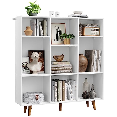 Pipishell 9-Cube Bookshelf, Bookcase with 3 Height-Adjustable Shelves and Solid Legs, Cube Storage Shelf, Modern Freestanding Open Bookshelf for Living Room, Bedroom, White, PIBS04W