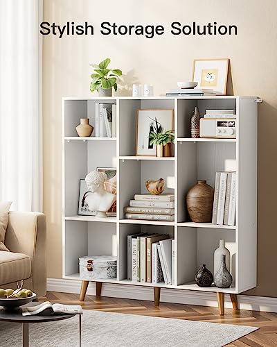 Pipishell 9-Cube Bookshelf, Bookcase with 3 Height-Adjustable Shelves and Solid Legs, Cube Storage Shelf, Modern Freestanding Open Bookshelf for Living Room, Bedroom, White, PIBS04W