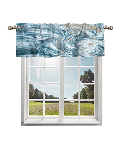 Jacekidy Art Marble Curtain Valances Wide Pocket Kitchen Curtains, Filtering Light Window Valance Curtains for Living Room Bedroom Short Cafe Curtain 42"x12" Blue White Gold Liquid Abstract Ocean