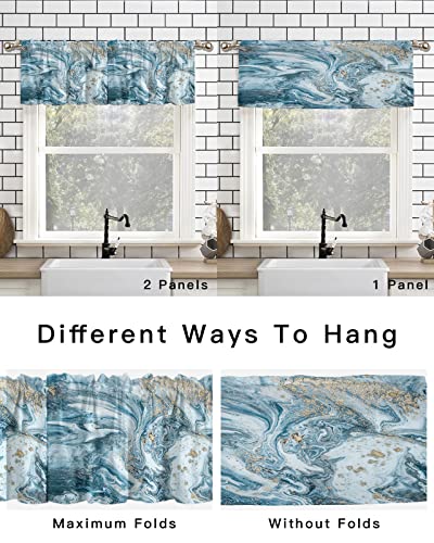 Jacekidy Art Marble Curtain Valances Wide Pocket Kitchen Curtains, Filtering Light Window Valance Curtains for Living Room Bedroom Short Cafe Curtain 42"x12" Blue White Gold Liquid Abstract Ocean