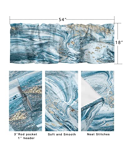 Jacekidy Art Marble Curtain Valances Wide Pocket Kitchen Curtains, Filtering Light Window Valance Curtains for Living Room Bedroom Short Cafe Curtain 42"x12" Blue White Gold Liquid Abstract Ocean