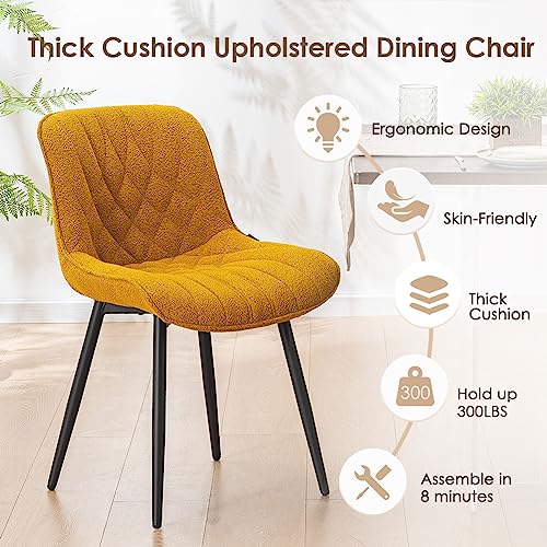 YOUNUOKE Dining Chairs Boucle Kitchen Chair Set of 2 Armless Vanity Chair with Back Modern Dinner Chair for Desk Living Bedroom, Yellow