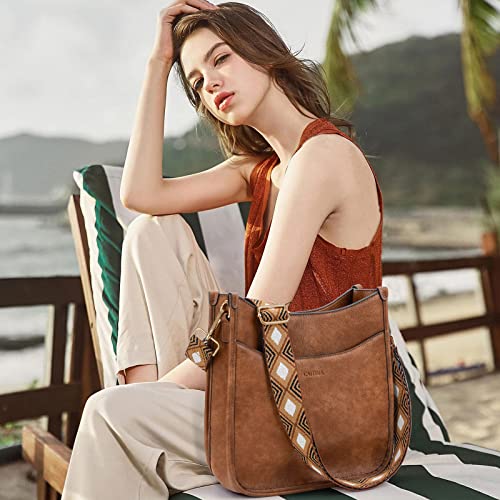 Caitina Women's Shoulder Handbags Trendy Vegan Leather Crossbody Bag Purses For Women Hobo Handbag with 2PCS Adjustable Strap(Brown)