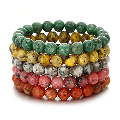 BOMAIL 5PCS 8mm Semi-Precious Gemstone Bracelet for Women Men Reiki Healing Crystal Beaded Bracelets Stretch Round Beaded Bracelet Unisex Jewelry Gifts