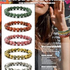 BOMAIL 5PCS 8mm Semi-Precious Gemstone Bracelet for Women Men Reiki Healing Crystal Beaded Bracelets Stretch Round Beaded Bracelet Unisex Jewelry Gifts