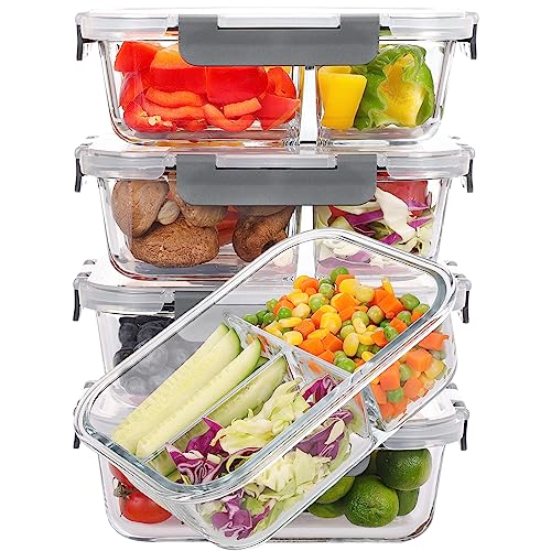 Moretoes 5pcs 35oz Glass Food Storage Containers 3 Compartments Portion Control with Upgraded Snap Locking Lids, Meal Prep Glass Airtight Leakproof Set, Safe Home Container Suitable for Freezer, Ovens