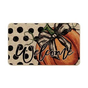 artoid mode polka dot bow tie pumpkin fall welcome doormat, autumn home decor low-profile switch rug door mat floor mat for indoor outdoor 17x29 inch