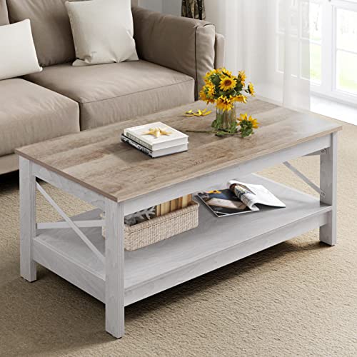 YITAHOME Grey Coffee Table for Living Room,Modern Farmhouse Coffee Table with Storage,2-Tier Center Table for Living Room Wood Living Room Table Accent Cocktail Ends Table with Sturdy Frame