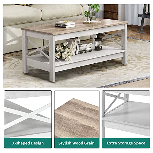 YITAHOME Grey Coffee Table for Living Room,Modern Farmhouse Coffee Table with Storage,2-Tier Center Table for Living Room Wood Living Room Table Accent Cocktail Ends Table with Sturdy Frame