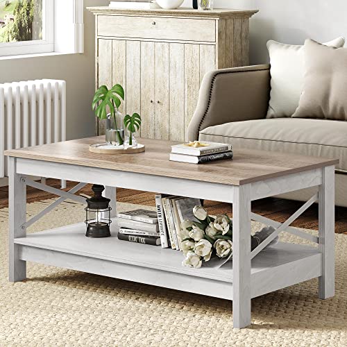 YITAHOME Grey Coffee Table for Living Room,Modern Farmhouse Coffee Table with Storage,2-Tier Center Table for Living Room Wood Living Room Table Accent Cocktail Ends Table with Sturdy Frame