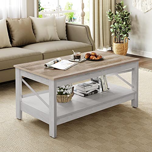 YITAHOME Grey Coffee Table for Living Room,Modern Farmhouse Coffee Table with Storage,2-Tier Center Table for Living Room Wood Living Room Table Accent Cocktail Ends Table with Sturdy Frame