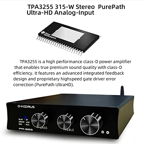 O-NOORUS PA325 HiFi Class D Power Amplifier TPA3255 Stereo Audio Integrated Bluetooth Amp 2.1 for Passive Speaker Home Audio with 36V Power Supply Subwoofer Treble and Bass Max 300Wx2