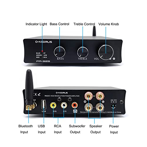 O-NOORUS PA325 HiFi Class D Power Amplifier TPA3255 Stereo Audio Integrated Bluetooth Amp 2.1 for Passive Speaker Home Audio with 36V Power Supply Subwoofer Treble and Bass Max 300Wx2